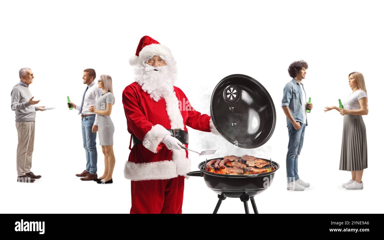 People at a party and santa claus grilling meat on a bbq isolated on ...