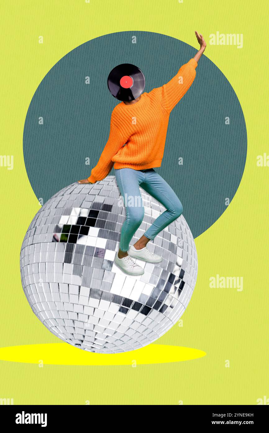 Vertical creative collage image of dancing vinyl record instead head ...