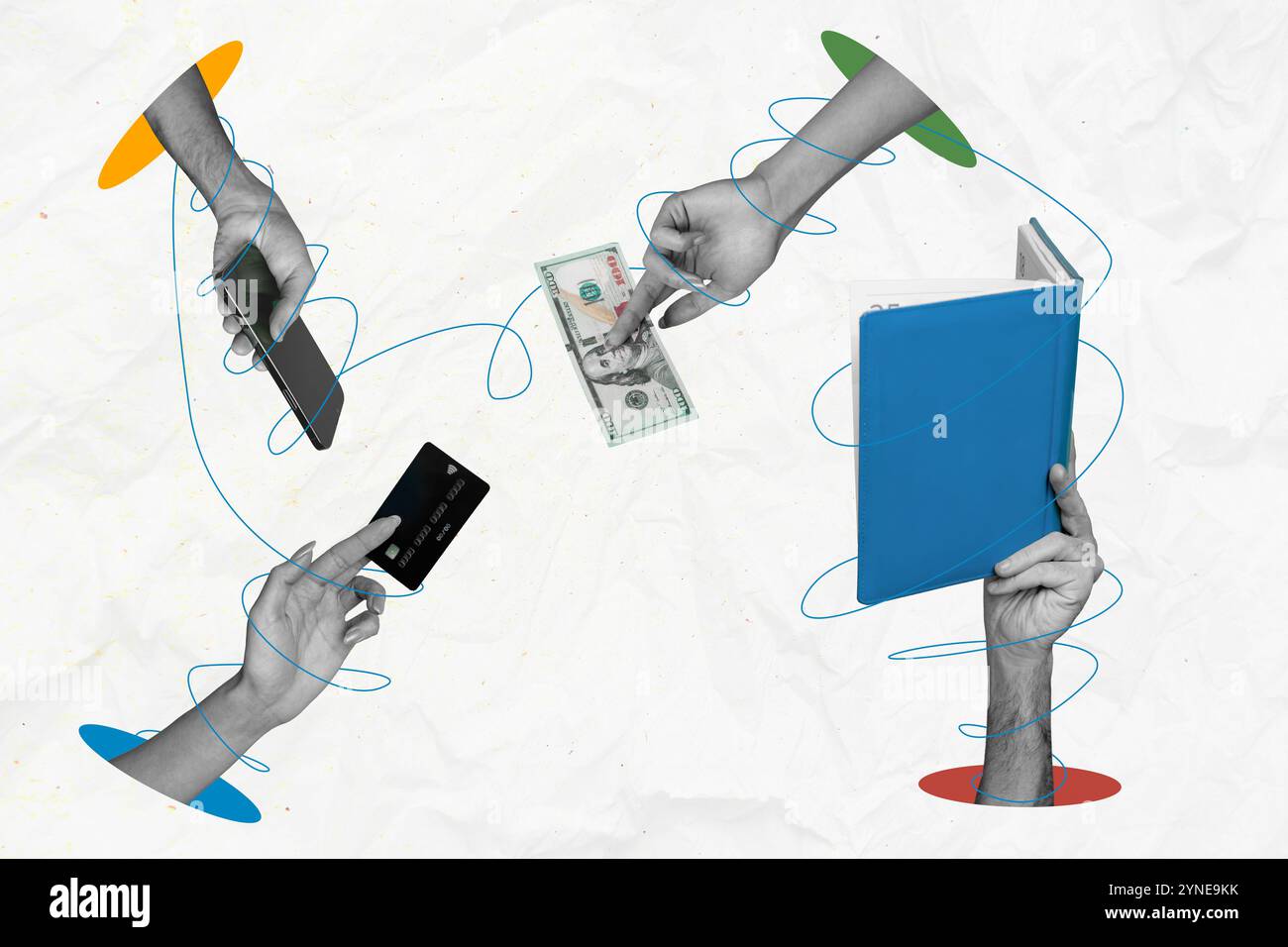 Composite collage image of hands hold dollar banknote hundred book ...