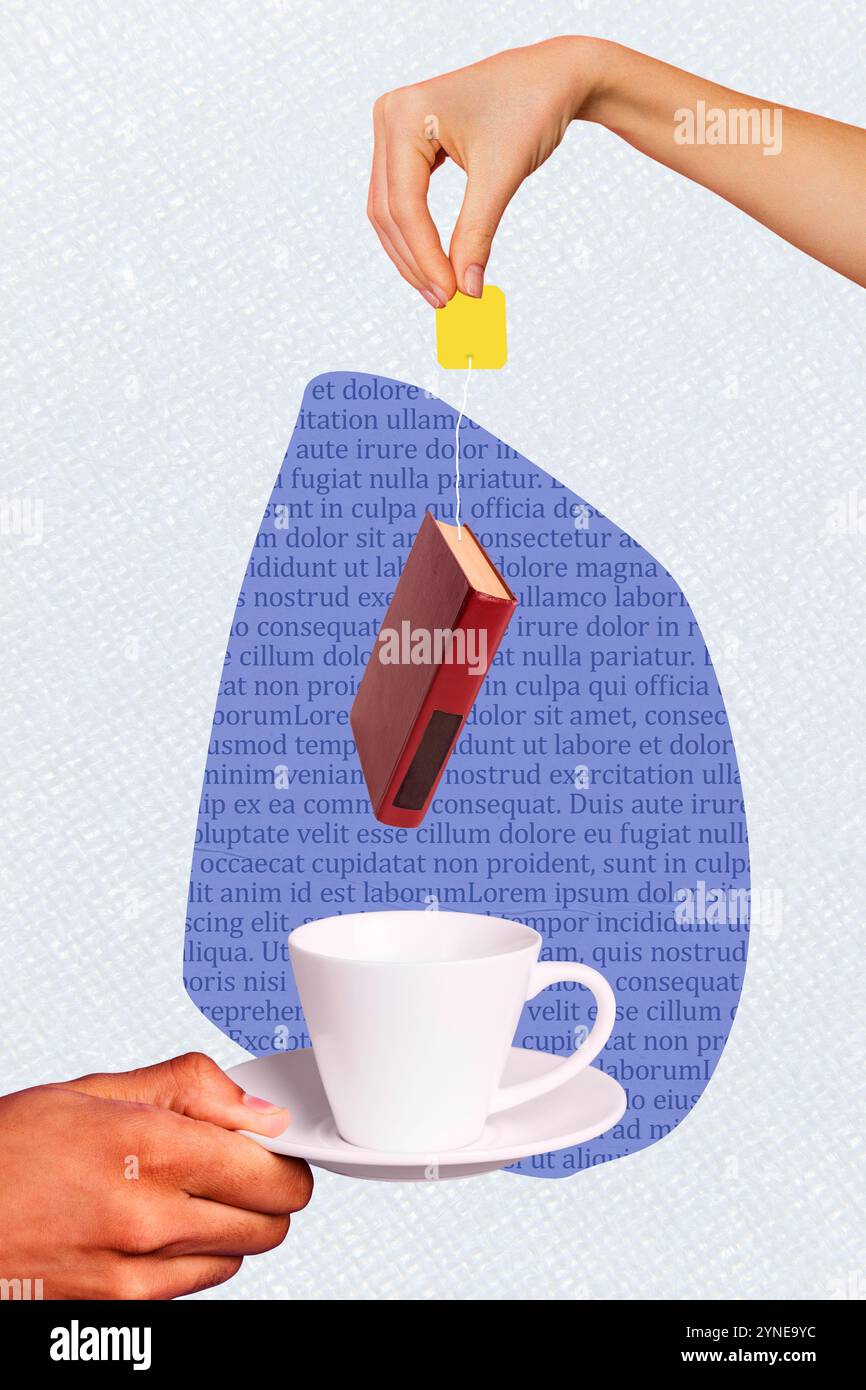 Vertical photo collage of hands hold coffee cup tea bag book education ...