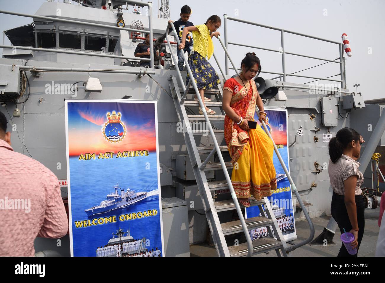Kolkata, India. 24th Nov, 2024. A woman onboards the Indian Navy's ...