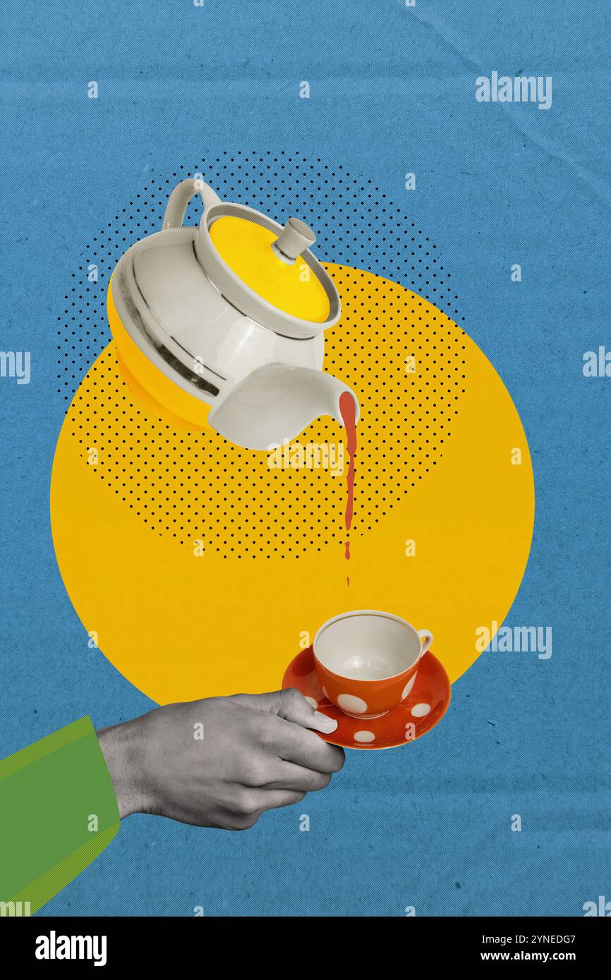 Creative poster collage of hand hold teapot pouring tea drinking cup ...