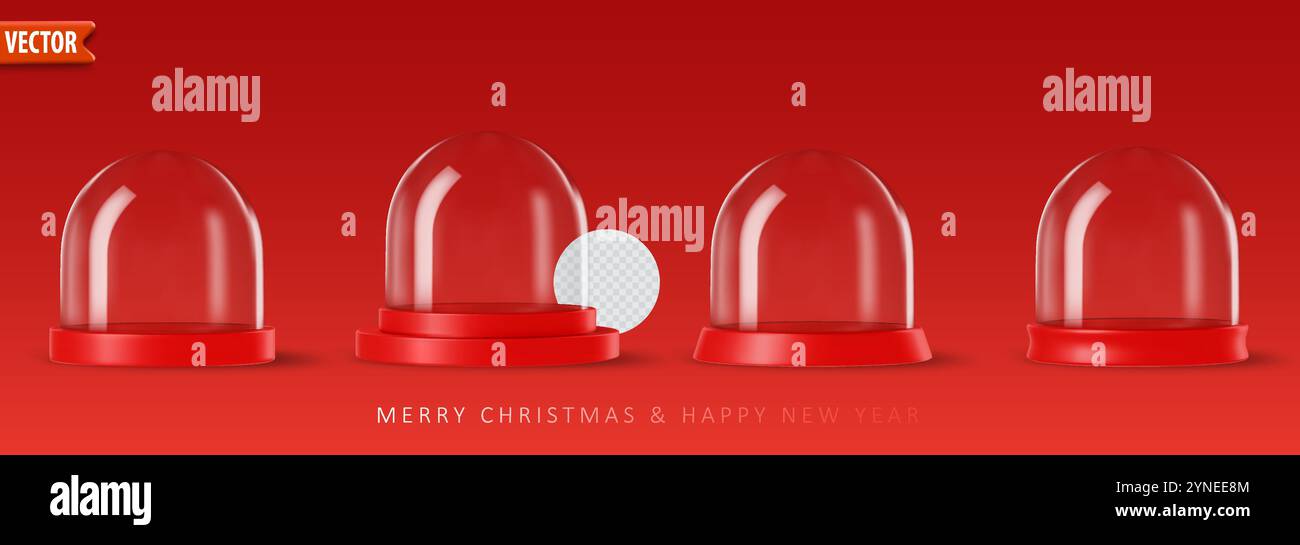 Realistic 3d glass snow globes with empty podium isolated on red ...