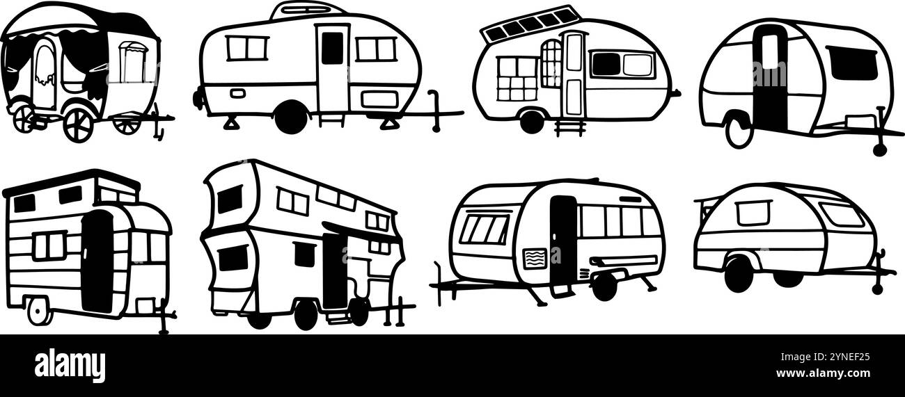 Caravans Set Illustration | Minimalist Doodle Vector for Travel and Adventure Designs Stock ...