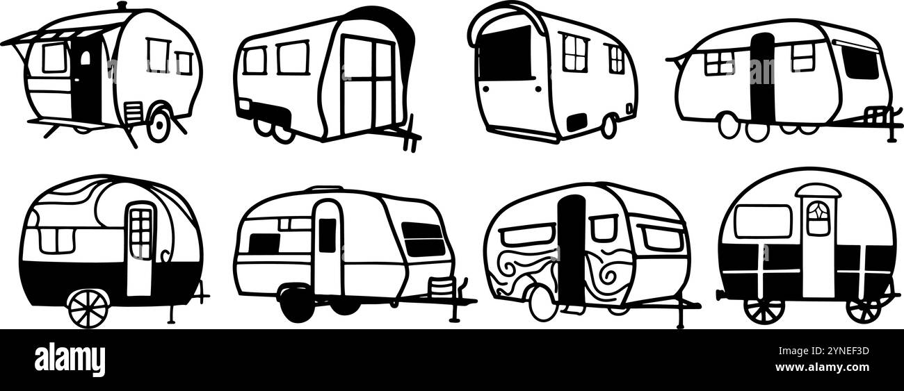 Caravans Set Illustration | Minimalist Doodle Vector for Travel and Adventure Designs Stock ...