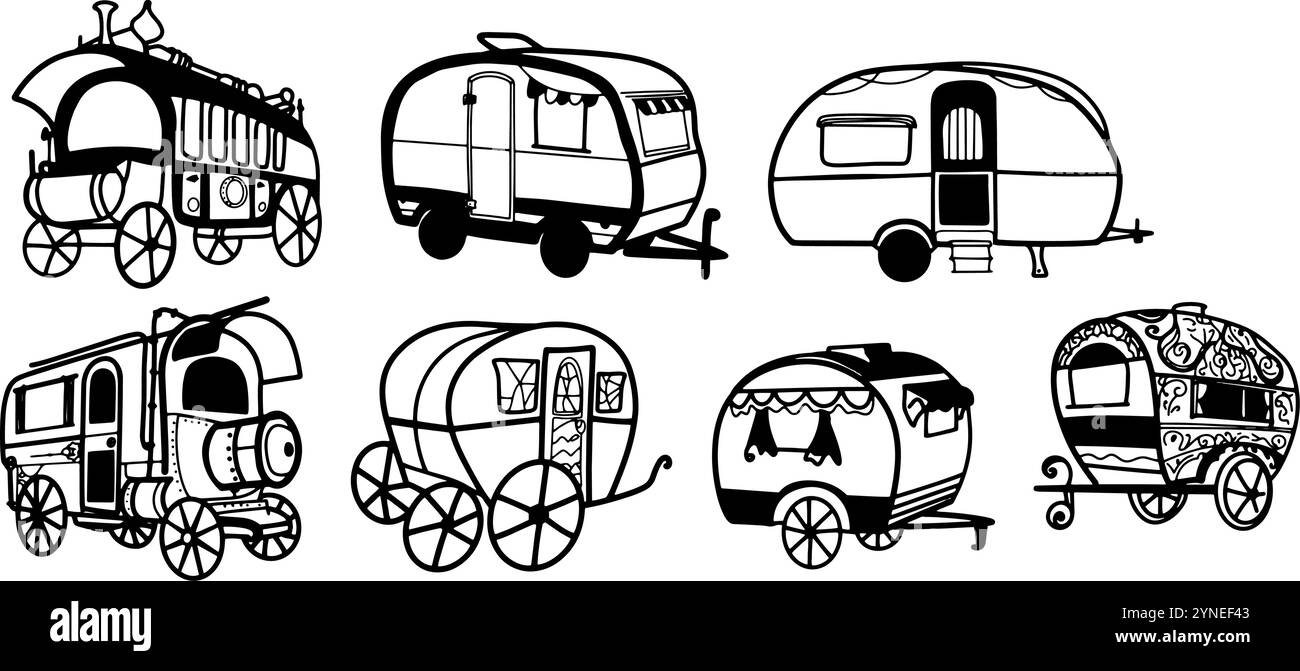 Caravans Set Illustration | Minimalist Doodle Vector for Travel and Adventure Designs Stock ...