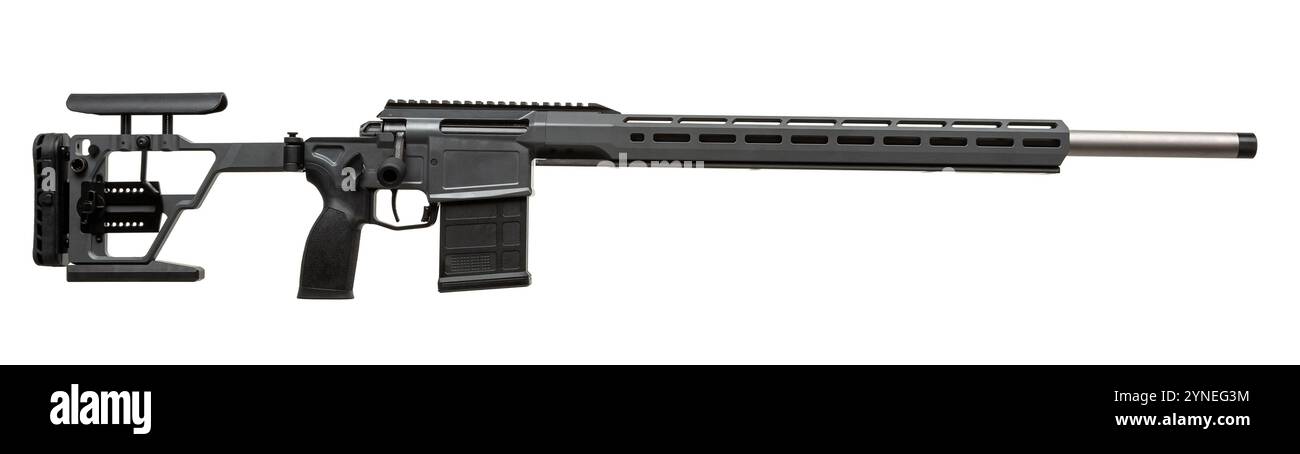 Precision rifle with a modular design, featuring an adjustable stock ...