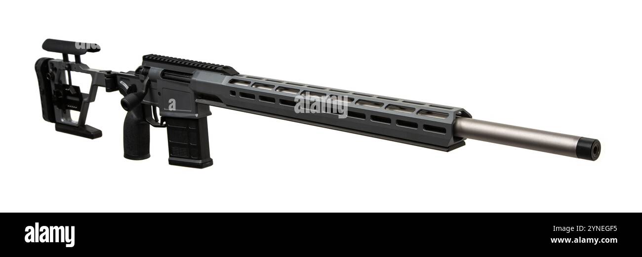 Precision rifle with a modular design, featuring an adjustable stock ...