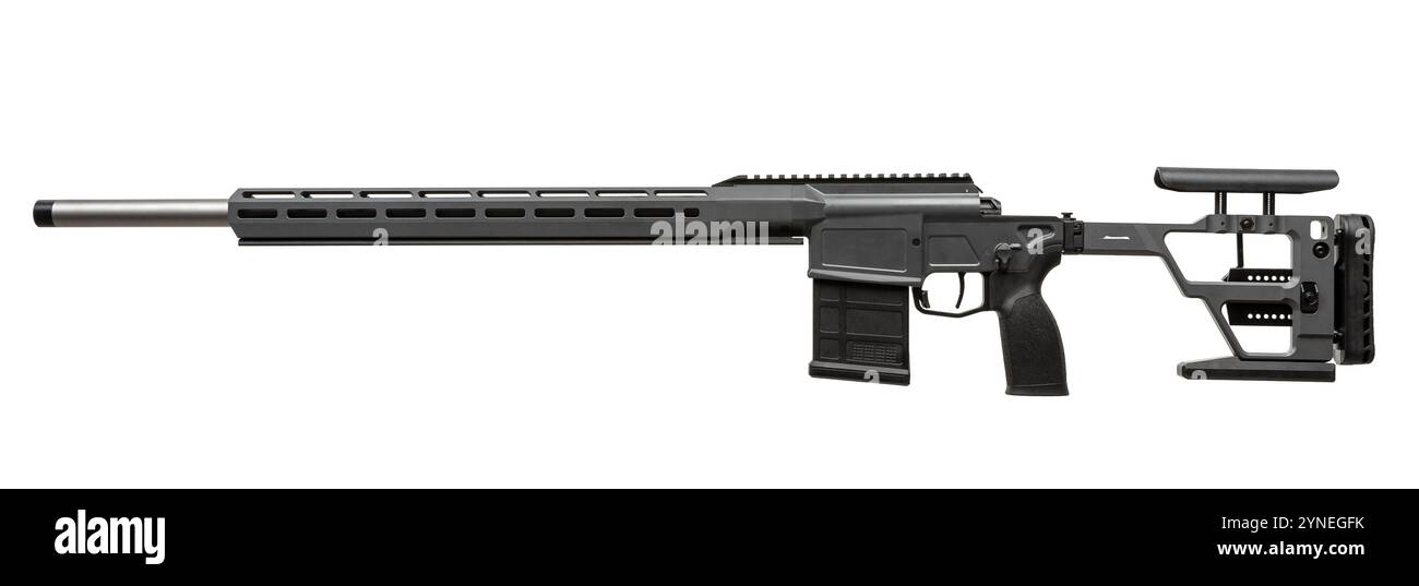 Precision rifle with a modular design, featuring an adjustable stock ...