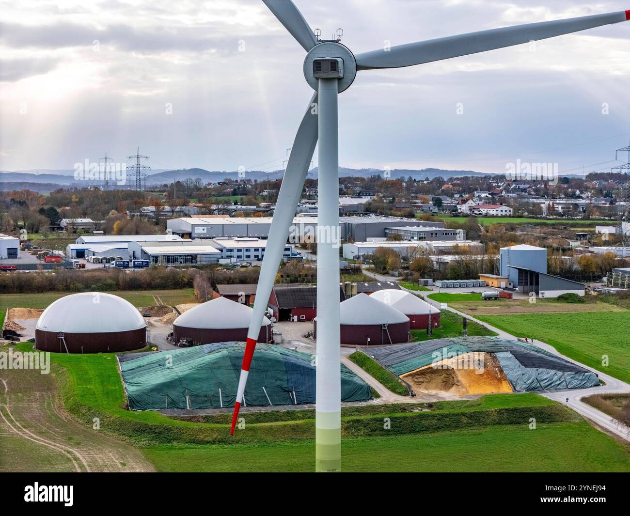 Biogasanlage erzeugt Gas aus verschiedener Biomasse, der Strom wird in ...