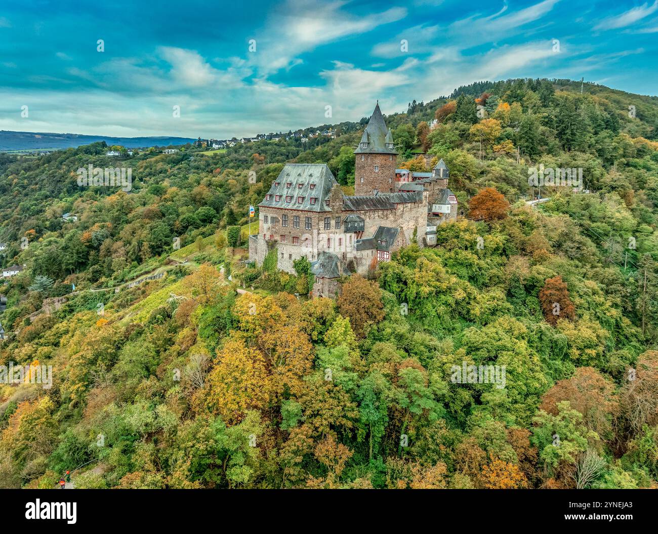 Aerial view of restored Stahleck Castle a 12th-century fortified castle ...