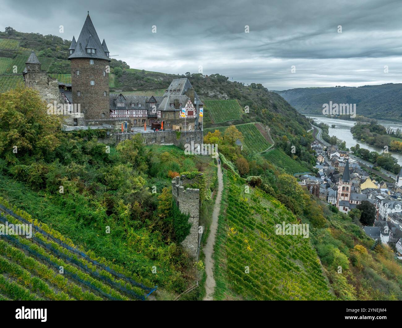 Stahleck castle Bacharach, over the Rhine river with restored medieval ...