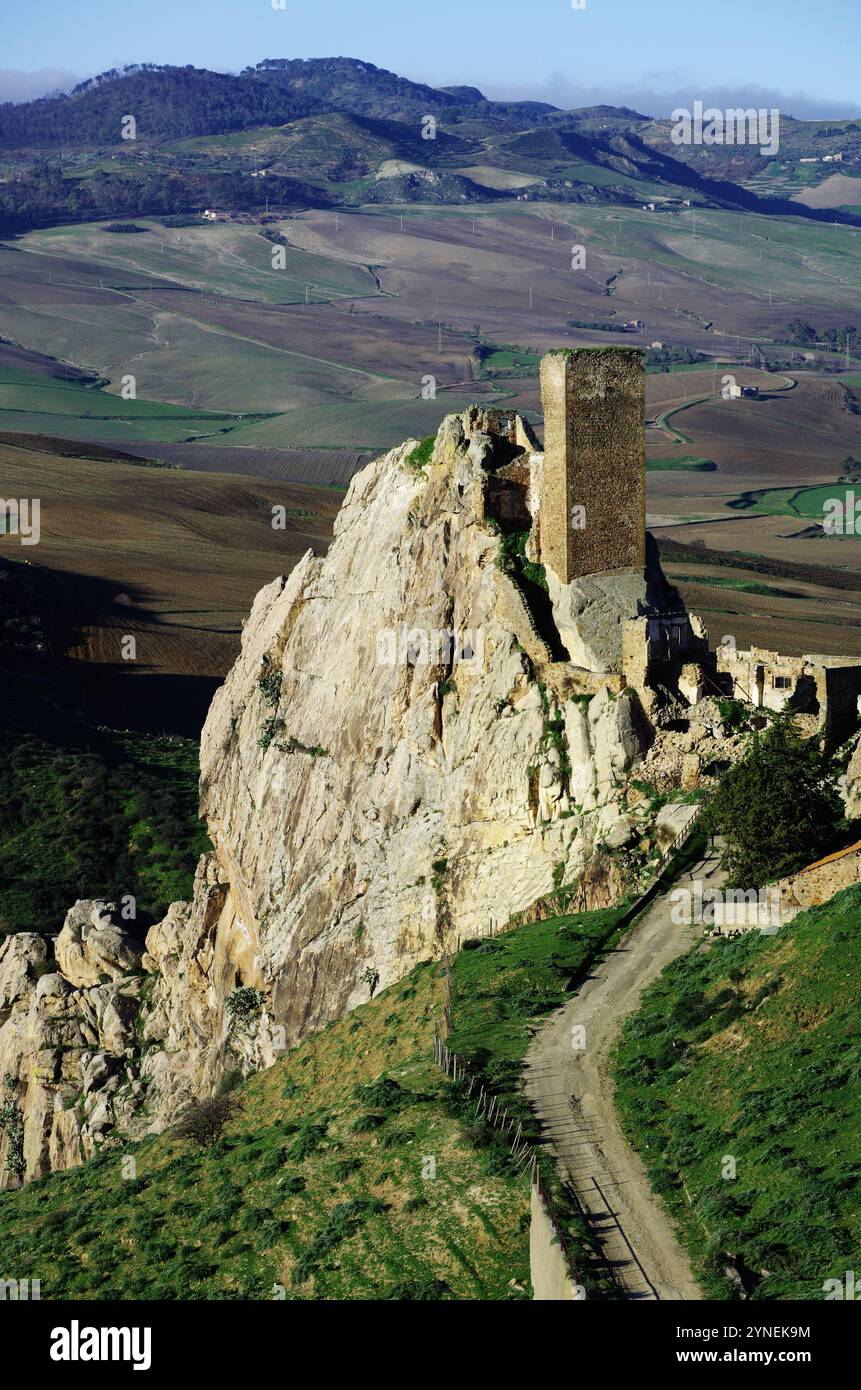 landscape history in Sicily the tower of Pietratagliata Castle on rock ...