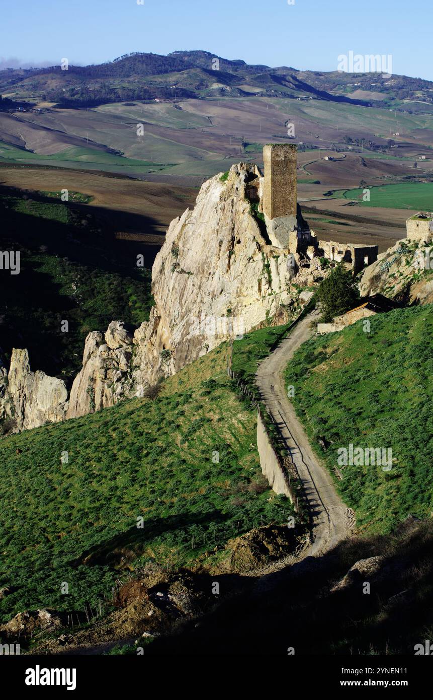 landscape history in Sicily the tower of Pietratagliata Castle on rock ...