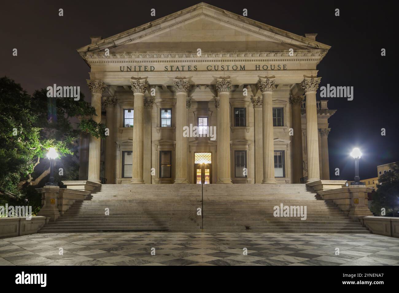 Historical United States Custom House at night Stock Photo - Alamy