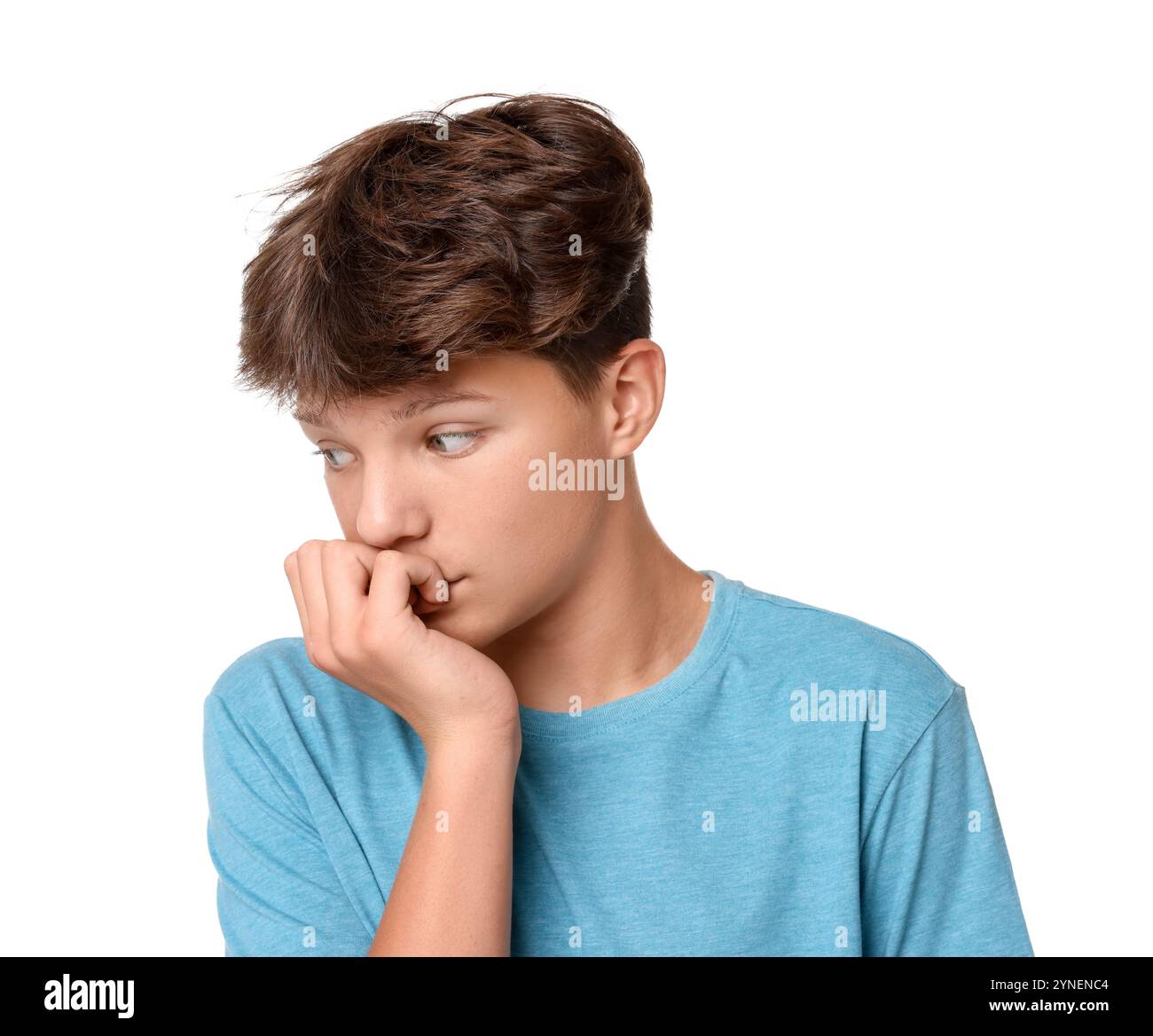 Portrait of scared teenage boy on white background Stock Photo - Alamy
