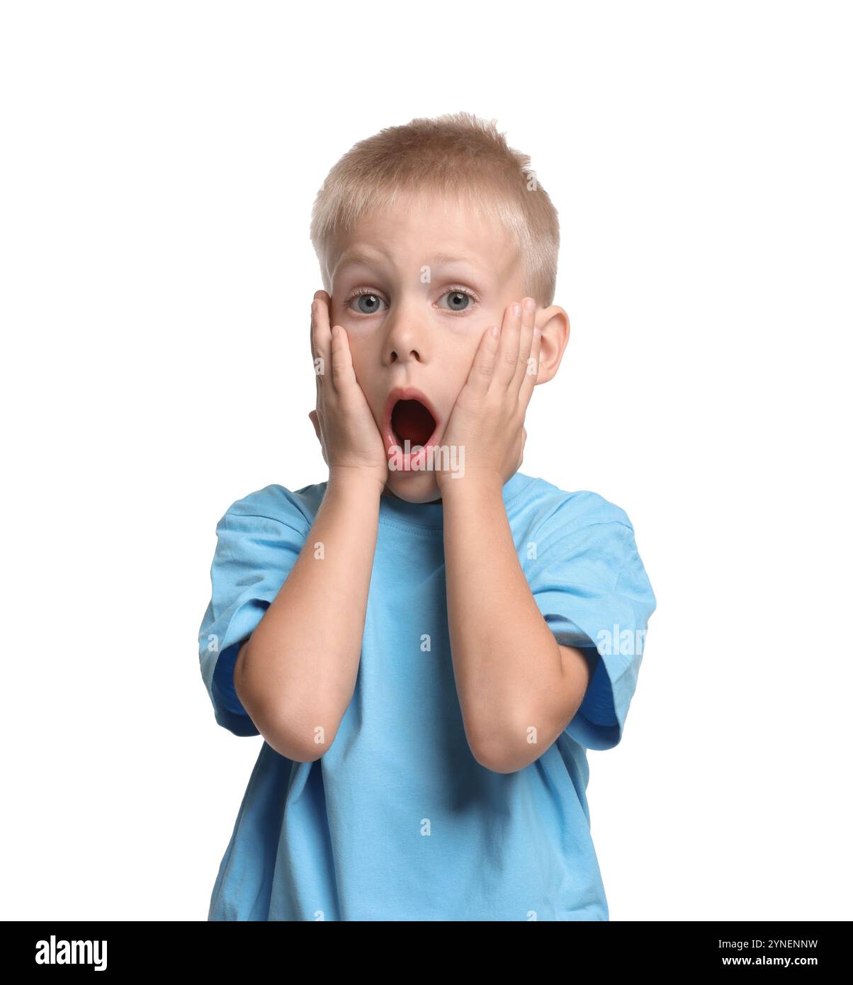 Portrait of scared little boy on white background Stock Photo - Alamy