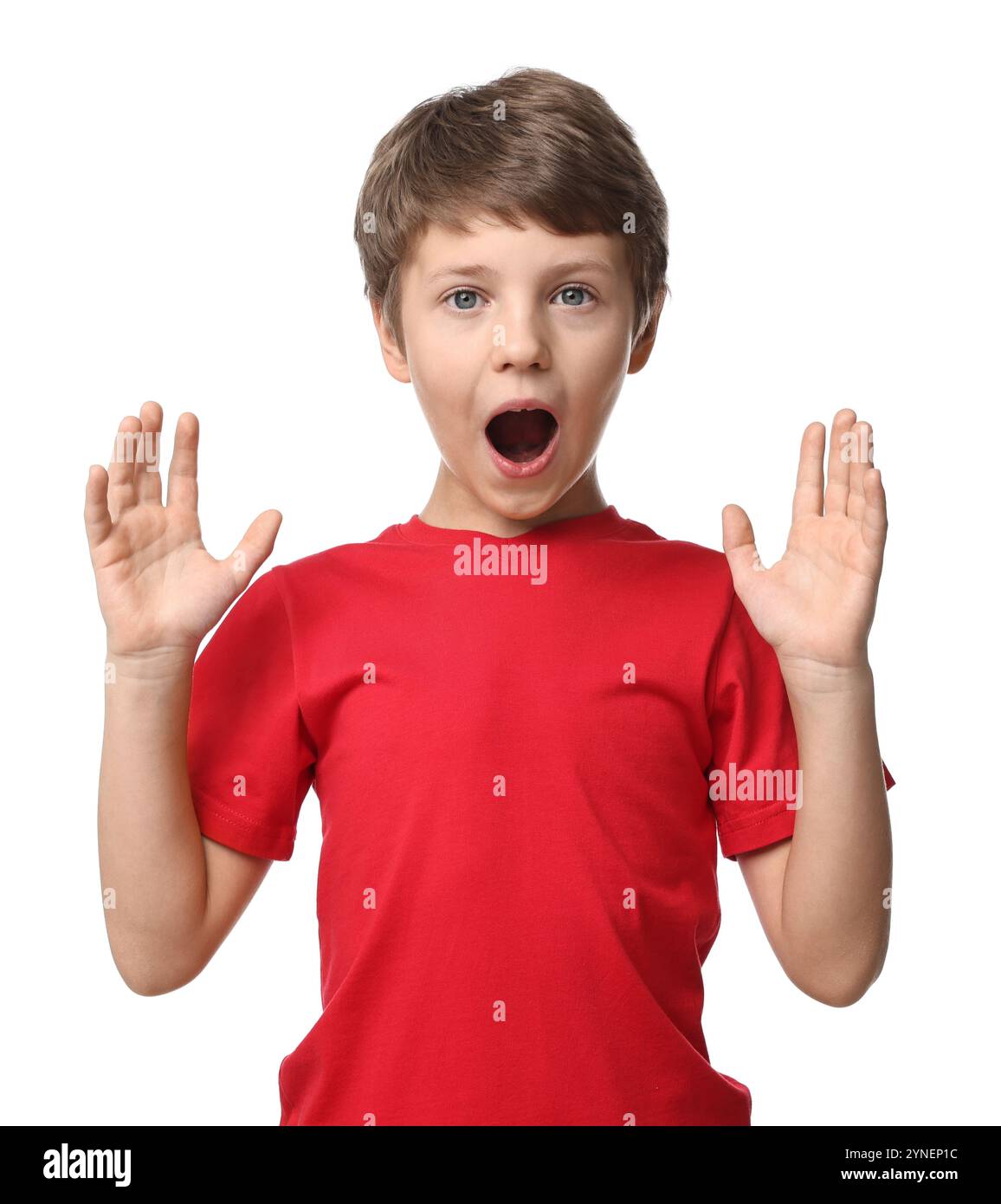 Portrait of scared little boy on white background Stock Photo - Alamy
