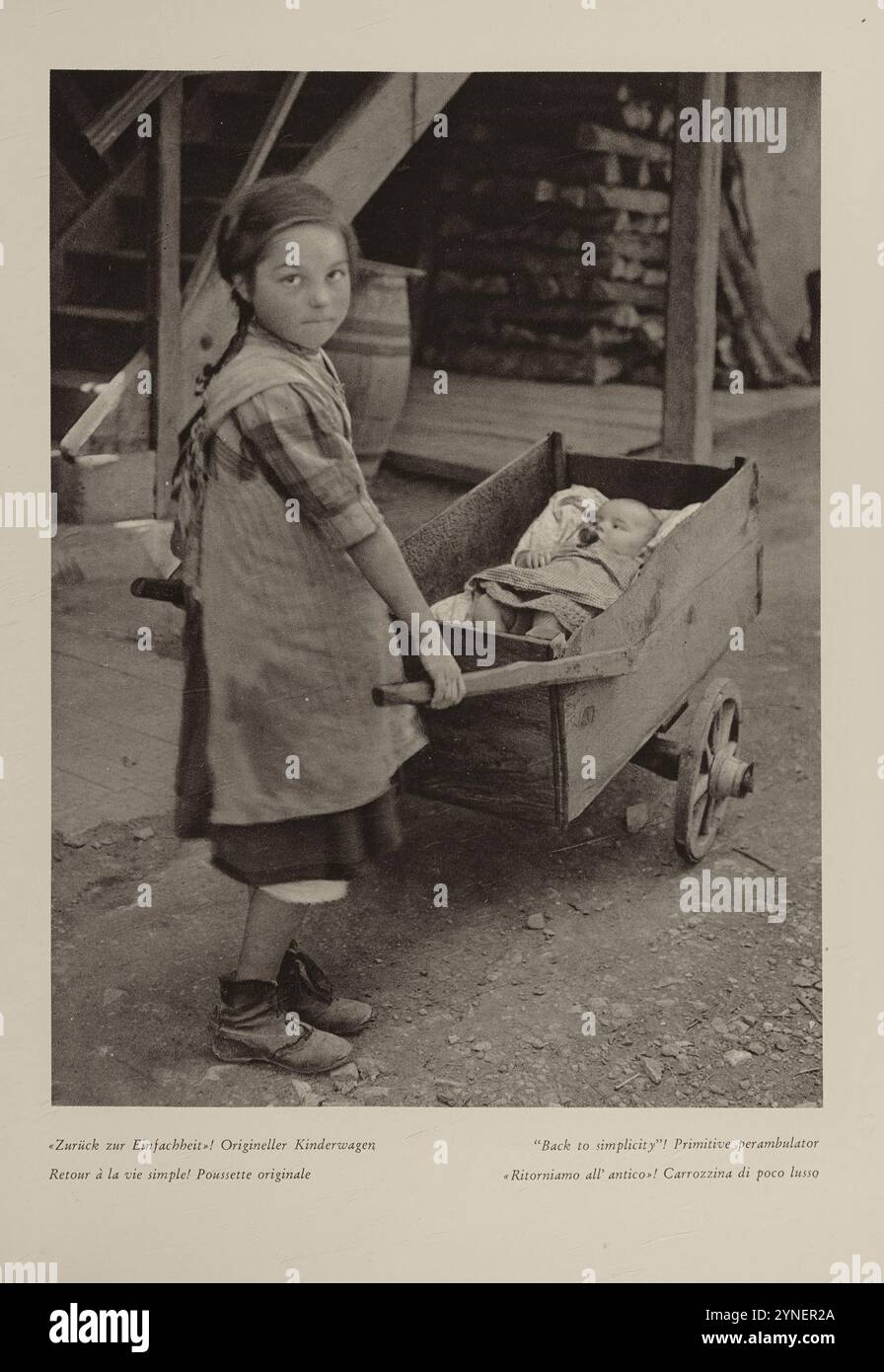 Child pushing a primitive wooden Pram with baby in it. From Swiss ...