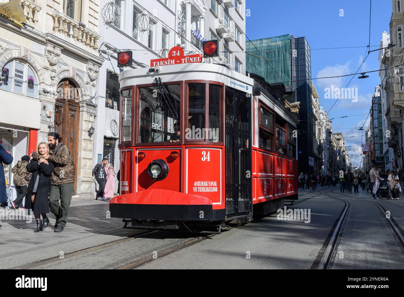 ISTANBUL, TURKEY - NOVEMBER 24, 2024: Old-fashioned red tram at the ...