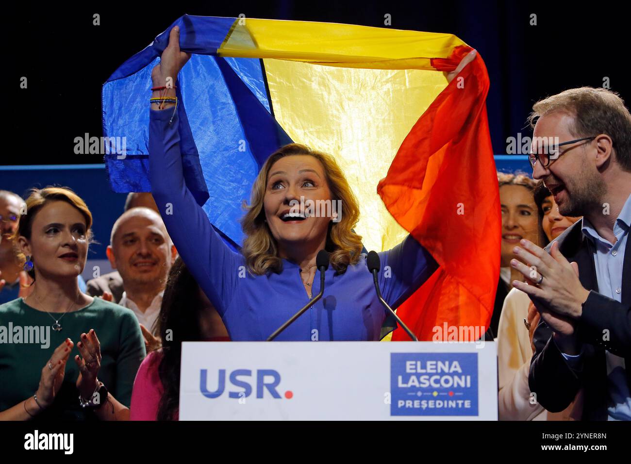 Bucharest, Romania. 25th Nov, 2024. Elena Lasconi (C), leader of the ...