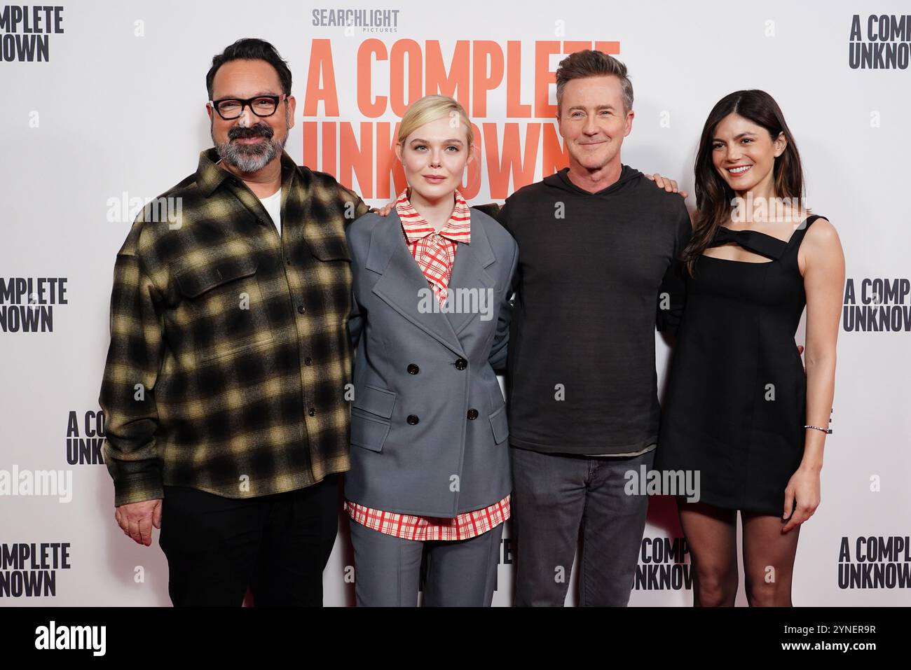 (left to right) Director James Mangold, Elle Fanning, Edward Norton and ...