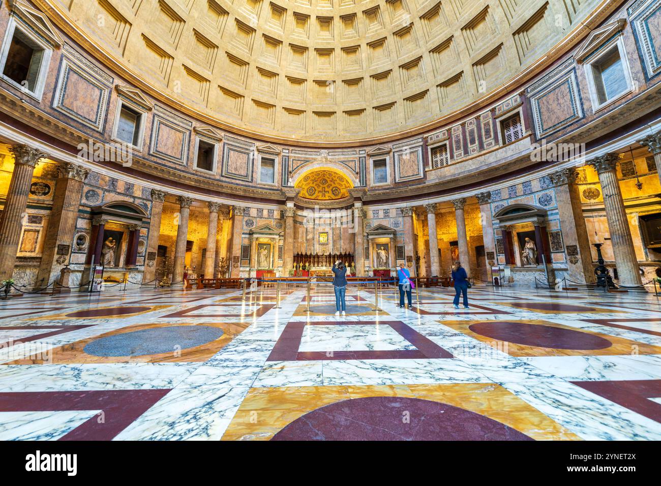 Rome Pantheon interior panoramic view with circular dome ceiling, tiled ...