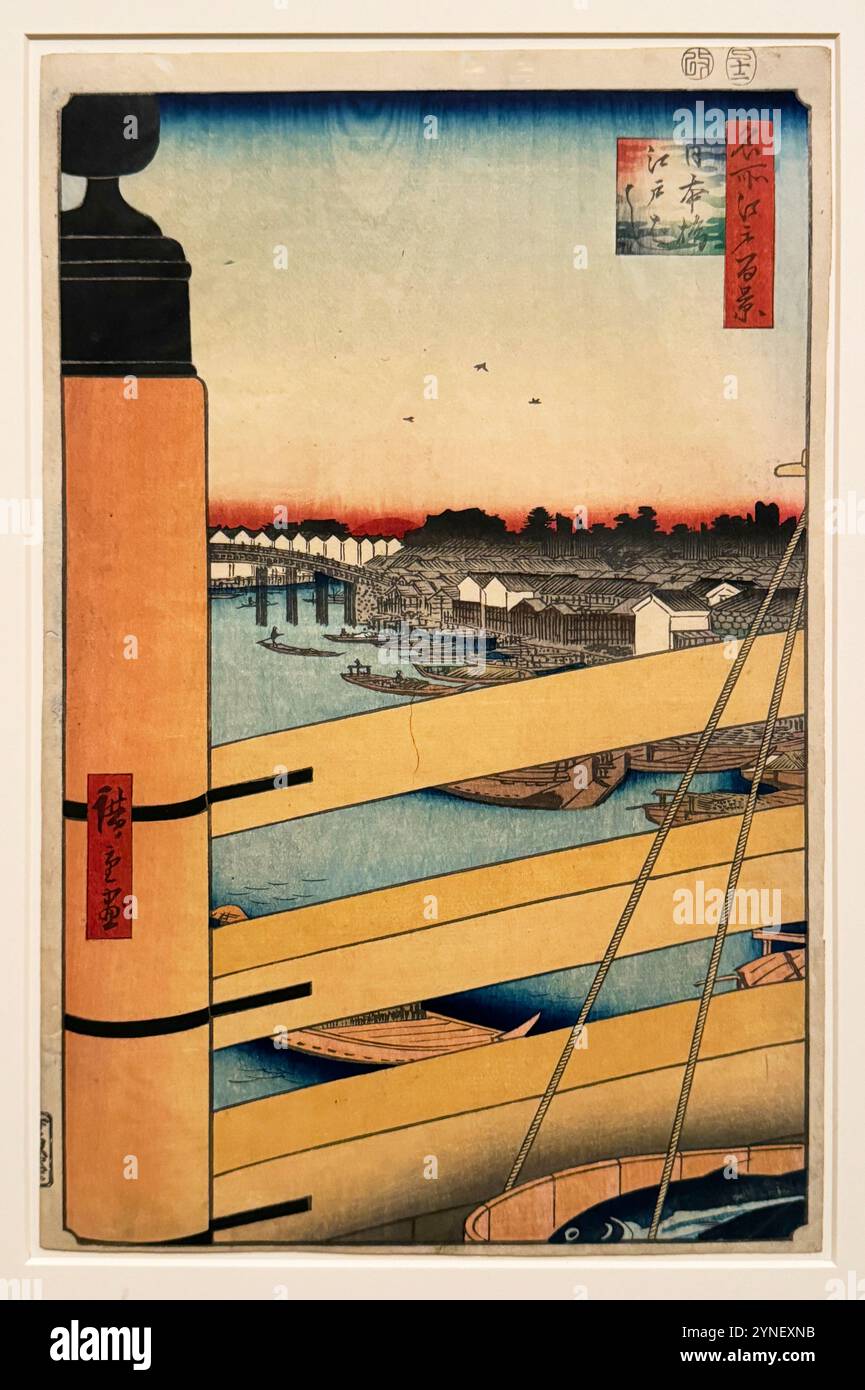 Edo Bridge from Nihon Bridge by Utagawa Hiroshige. Wood, arched, water ...
