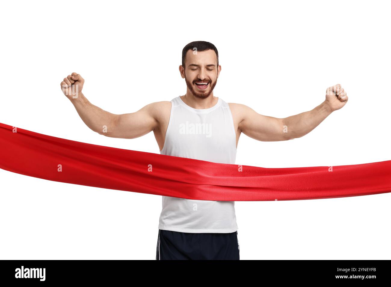 Handsome young man crossing red finish line on white background Stock ...