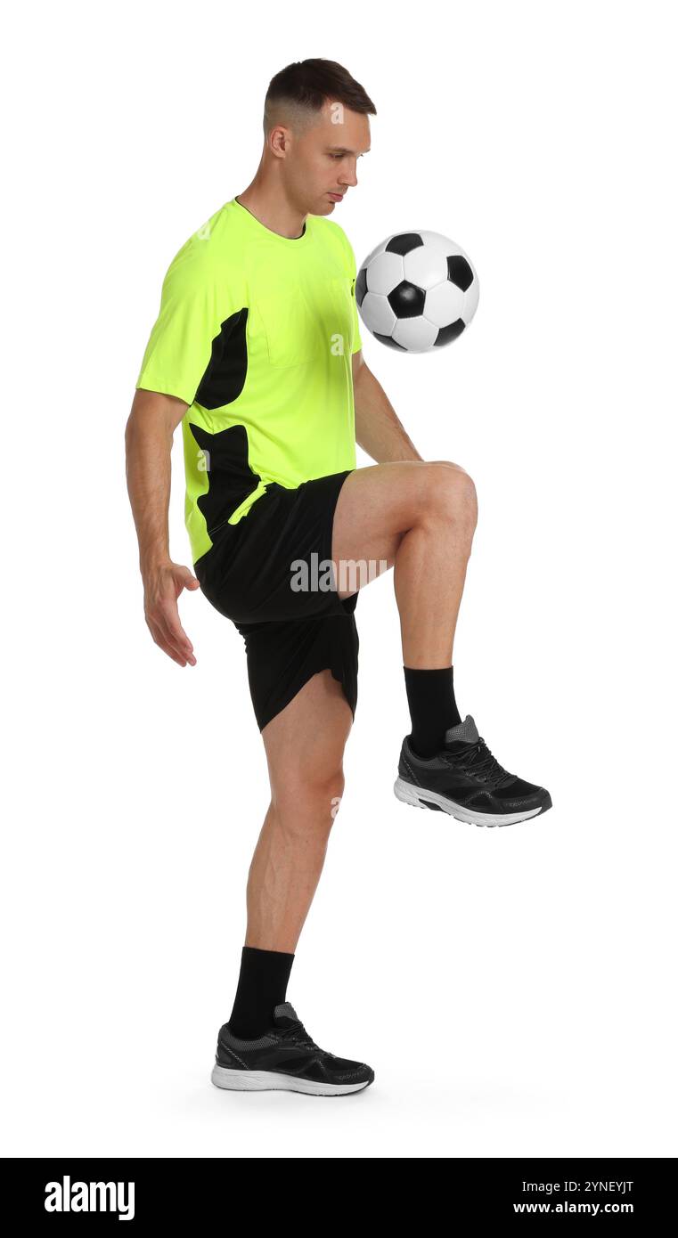 Man playing football with soccer ball on white background Stock Photo ...