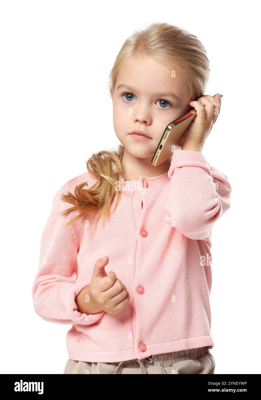 Cute little girl talking on smartphone against white background Stock ...
