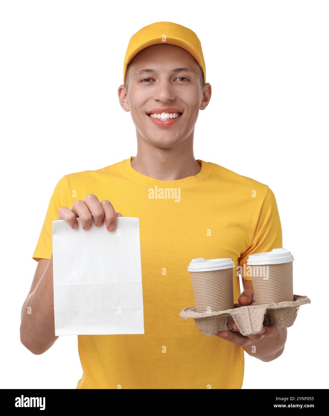 Fast-food worker with paper bag and cups on white background Stock ...