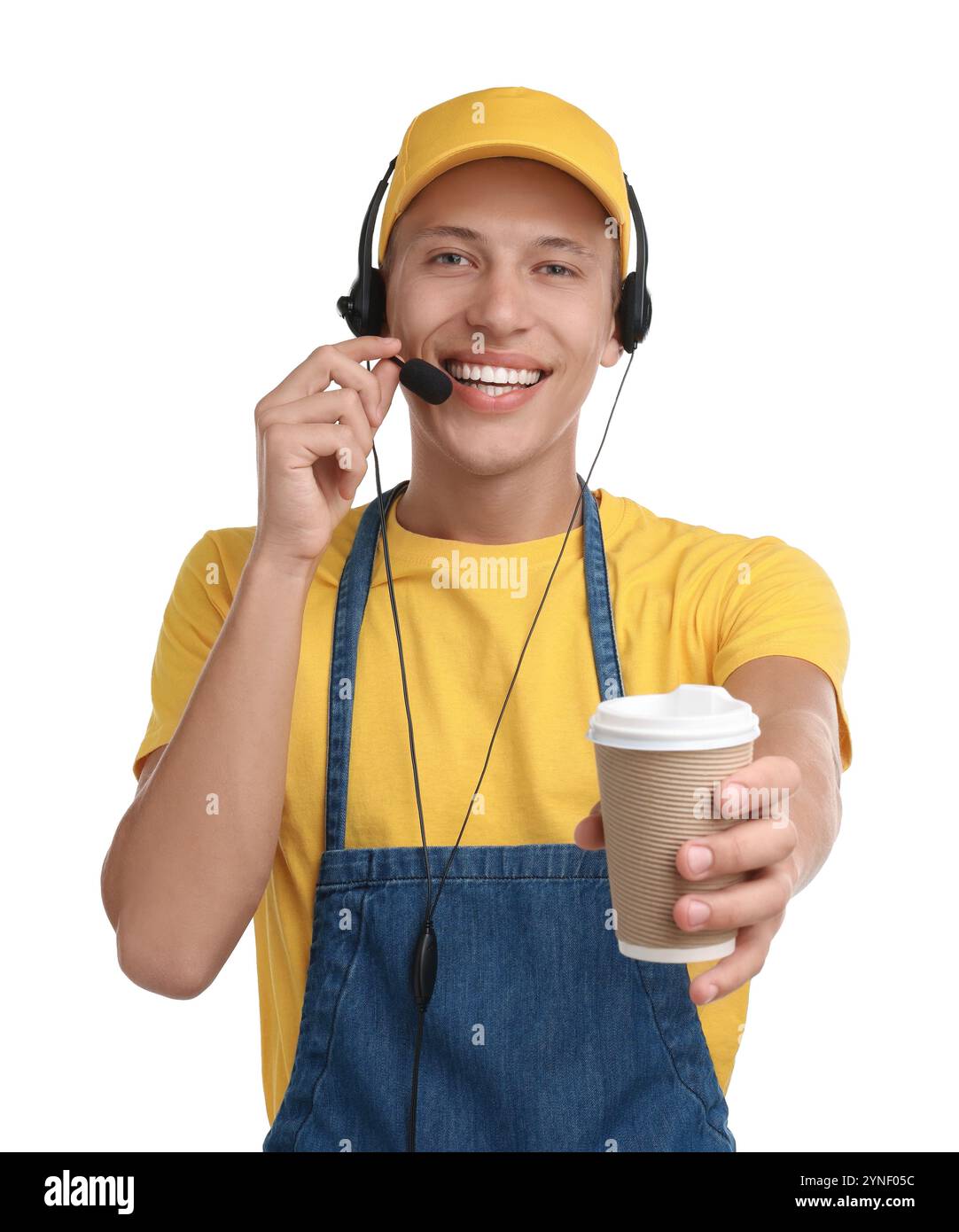 Fast-food worker with paper cup on white background Stock Photo - Alamy