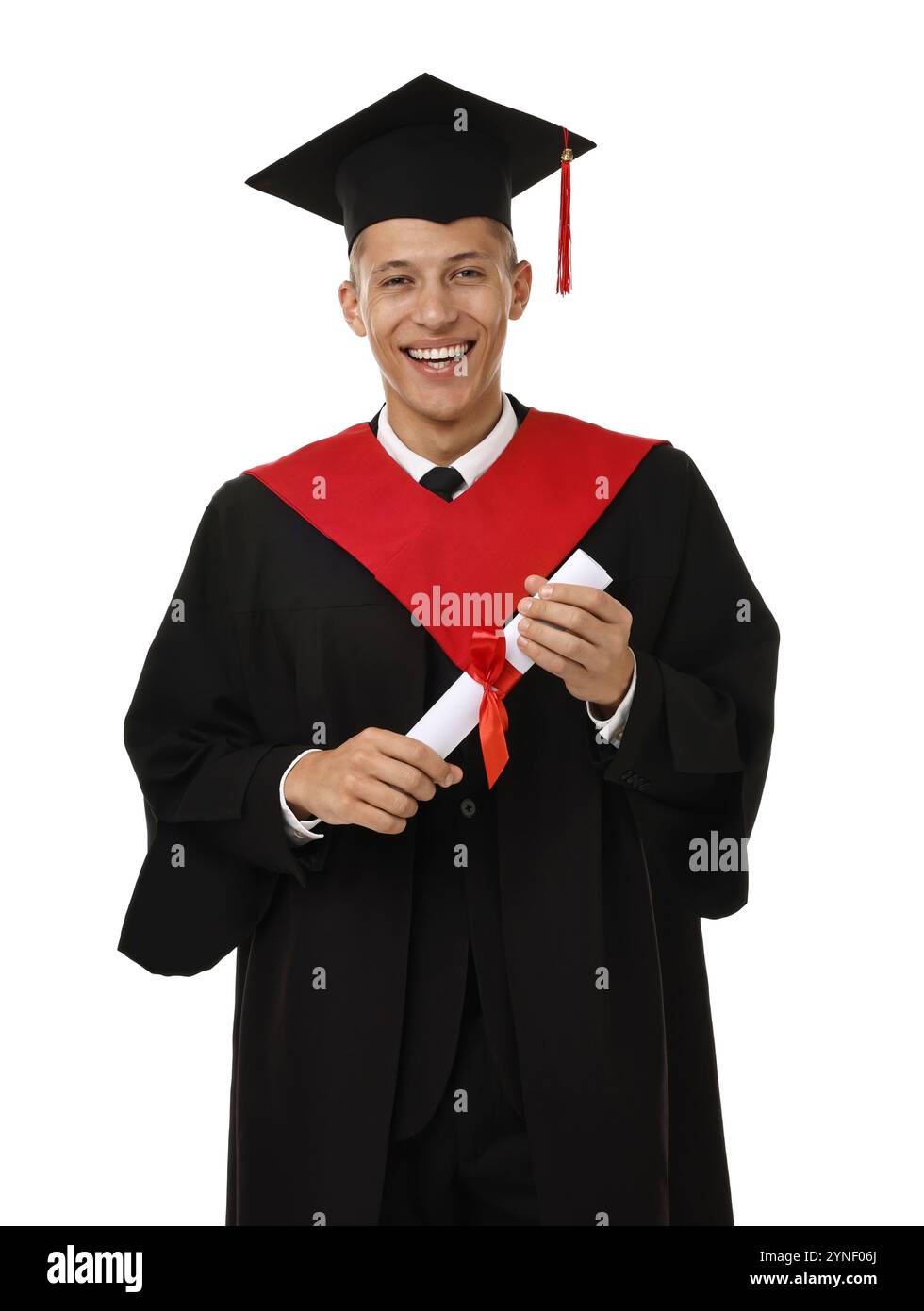 Happy student with diploma after graduation on white background Stock ...