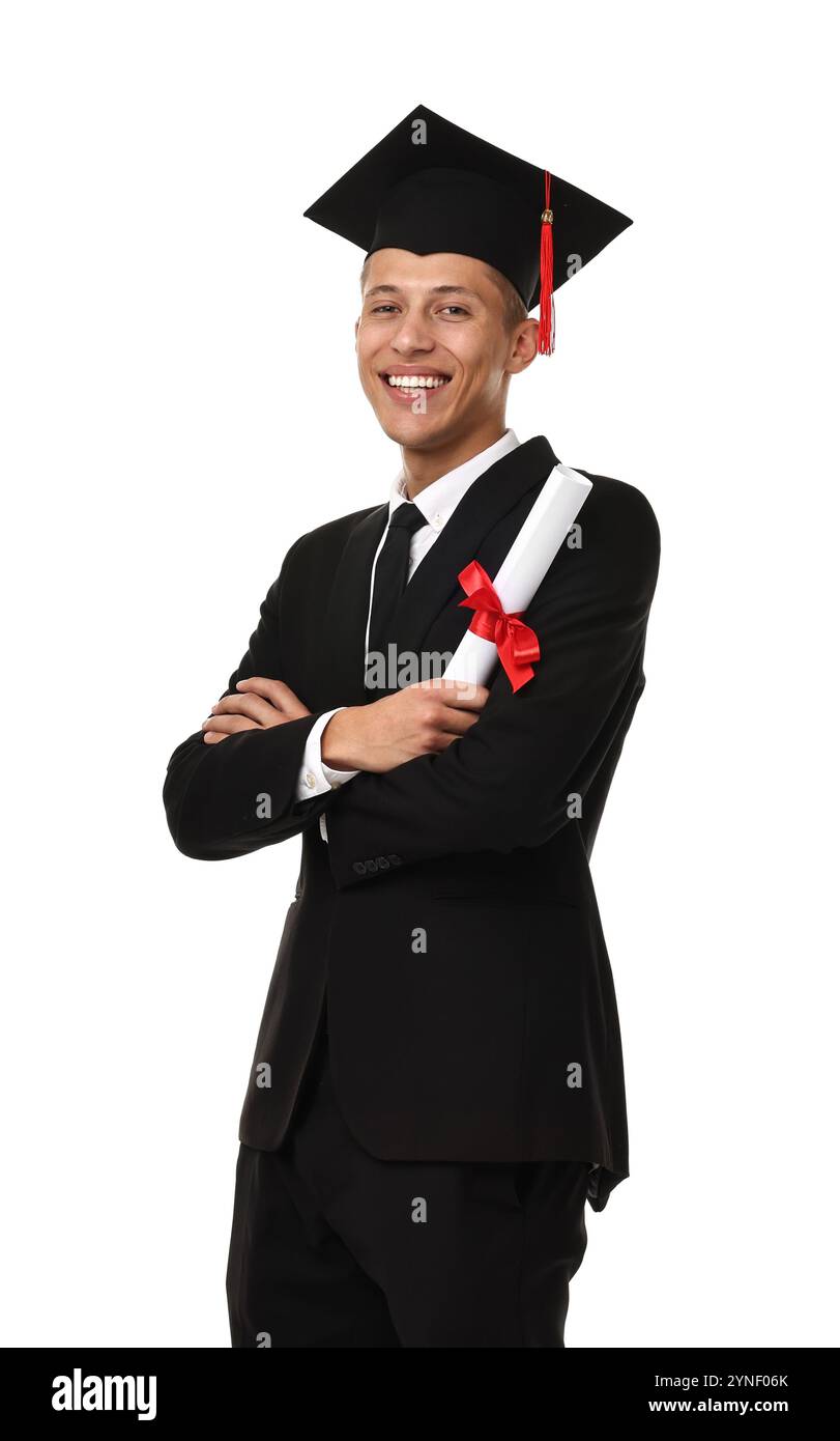 Happy student with diploma after graduation on white background Stock ...