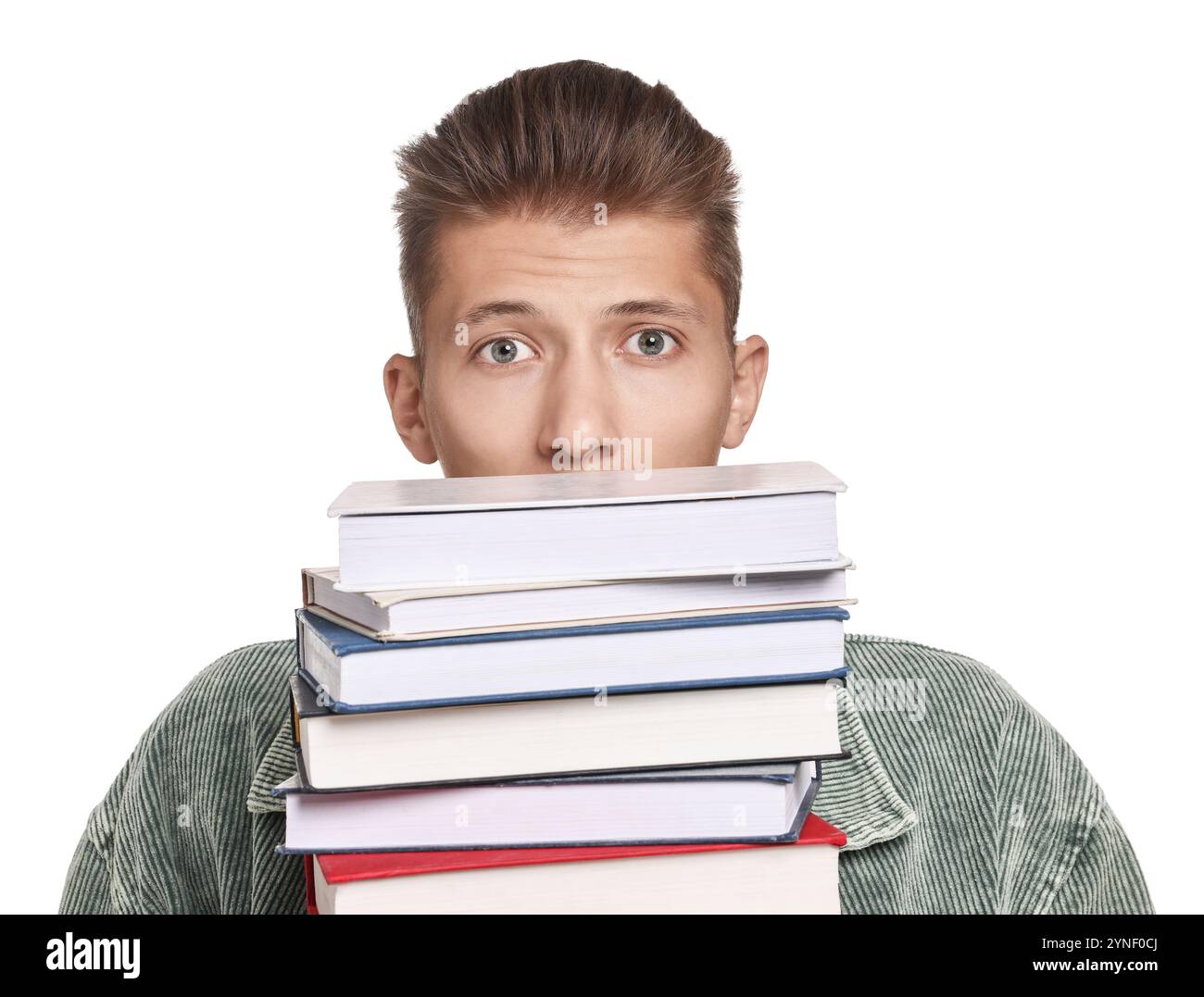 Emotional student with stack of books having stress before exam on ...