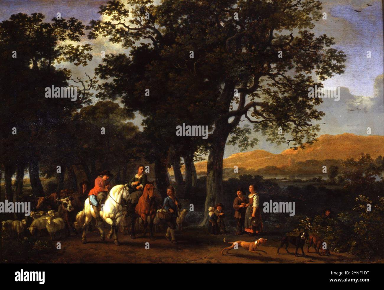 Abraham van Calraet - Bosrijk landschap met dieren en figuren Stock ...