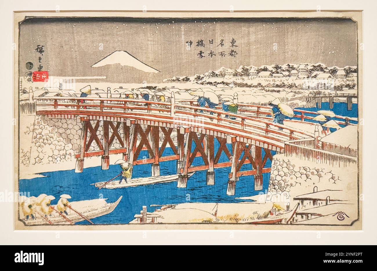 Nihonbashi in the Snow by Utagawa Hiroshige. With wood bridge, river. A ...
