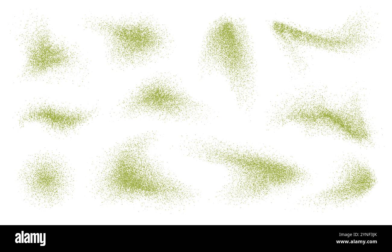 Flying matcha powder, dust particles in motion, green splashes isolated ...