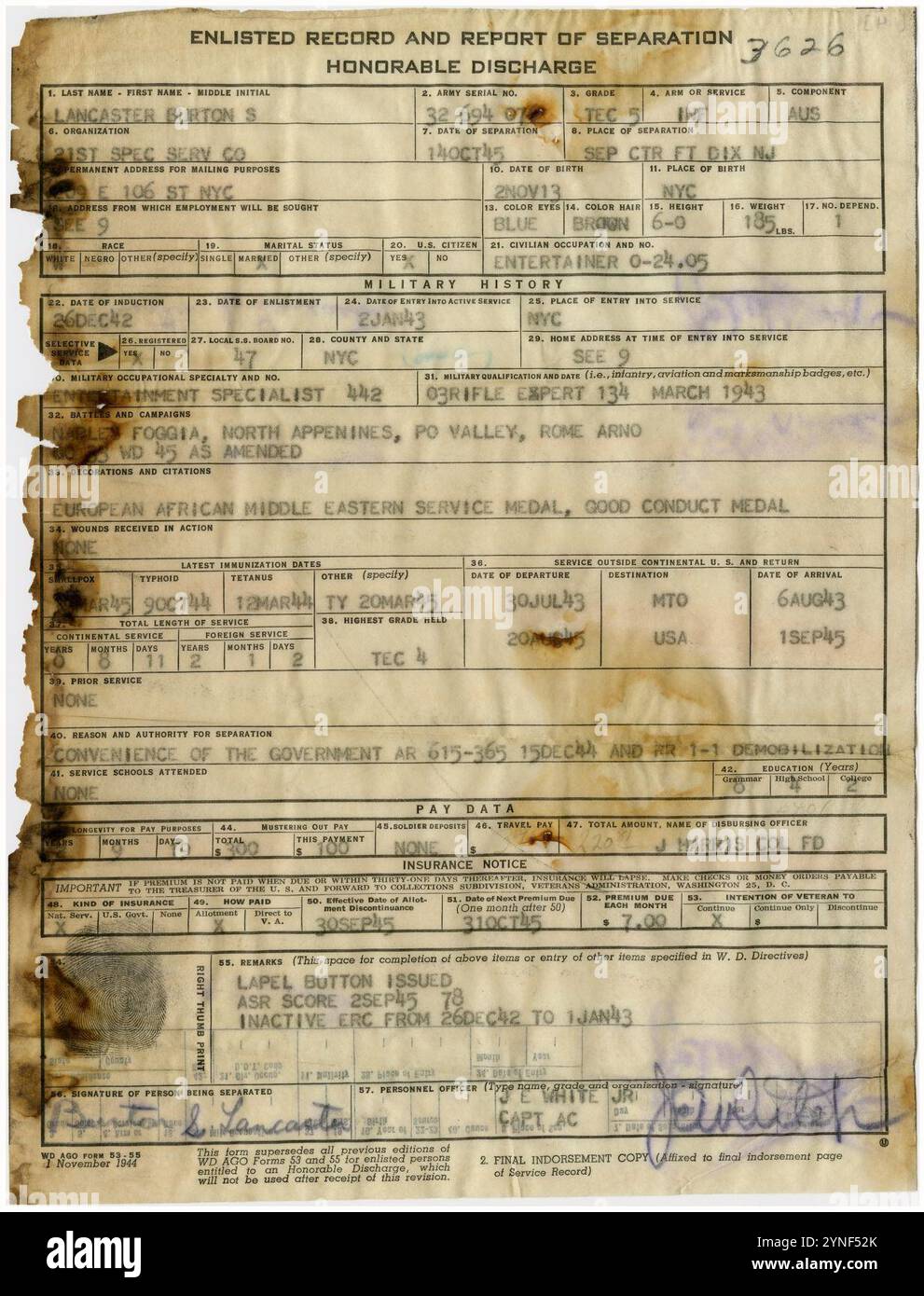 Burton Stephen Lancaster (1913-1994) discharge certificate (WD AGO ...