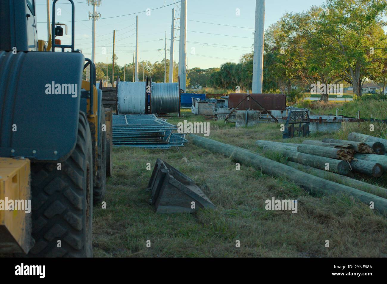 Wide view of the Electric substation under construction. Dirt piles ...