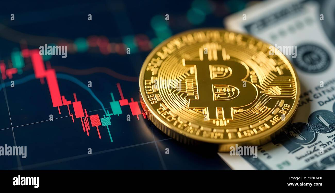 Gold bitcoins on the background of business charts close-up and 100 ...