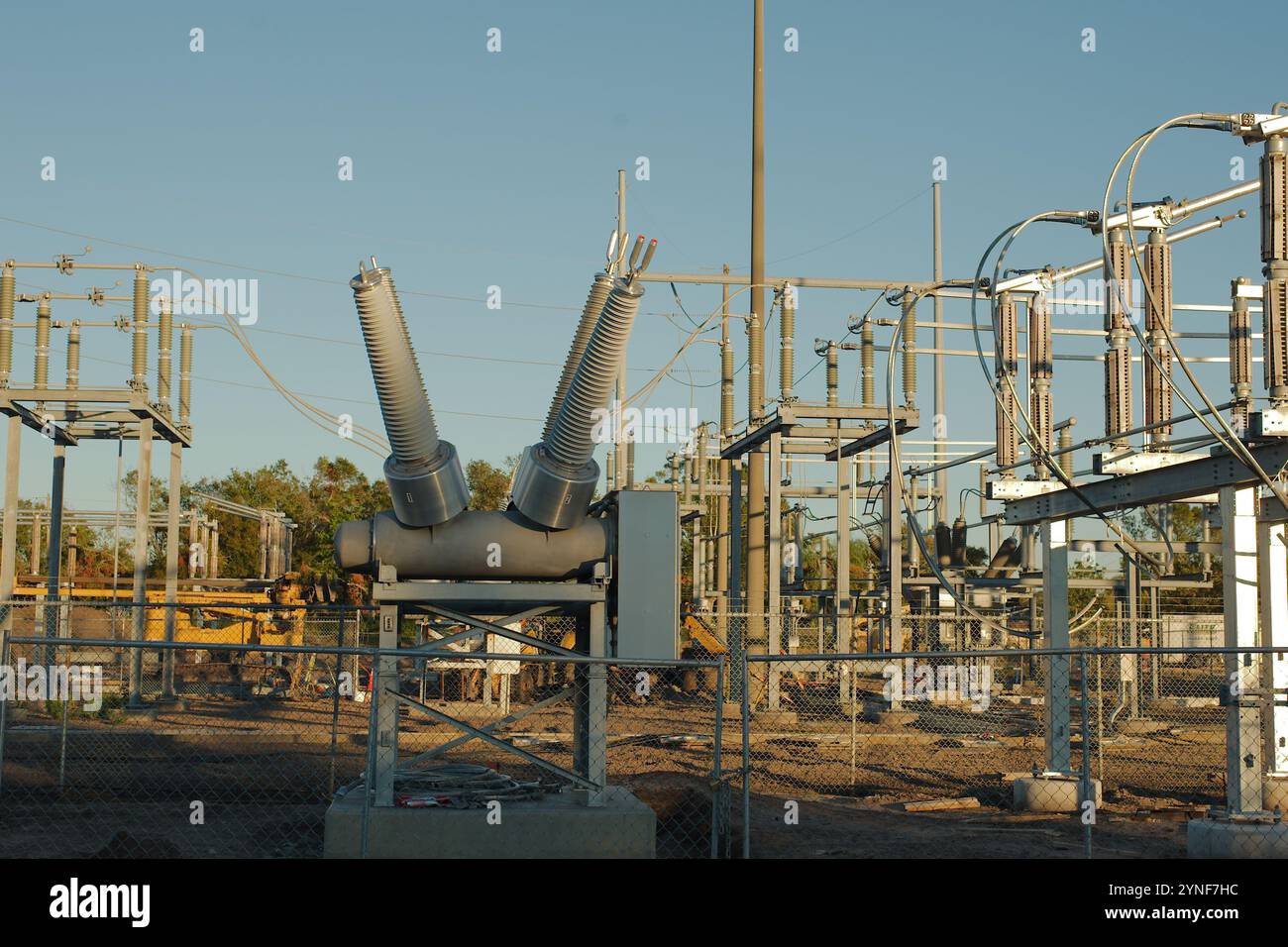 Close Up Large urban electric substation. Potential Transformer prongs ...