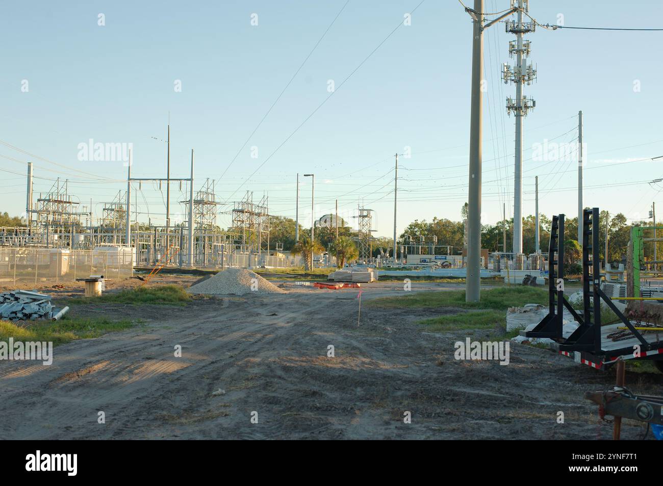 Wide view of the Electric substation under construction. Dirt piles ...