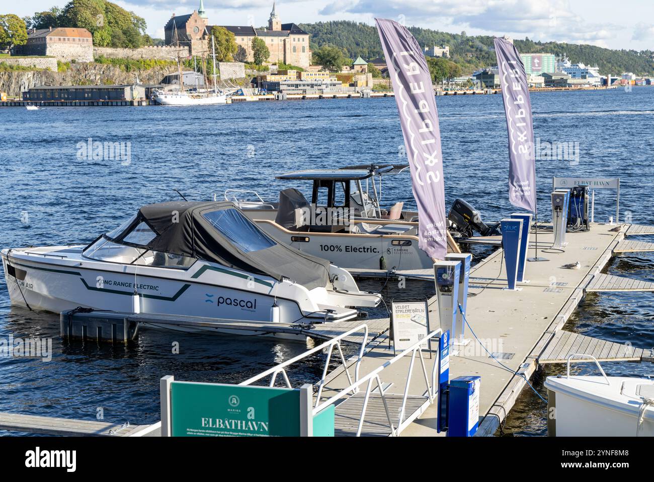 Electric powered motor boats in Oslo berthed and charging at a wharf on ...