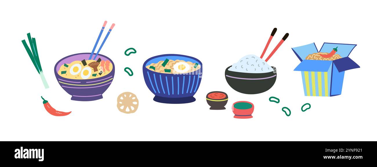 Asian food, traditional Japanese and Chinese meals. Noodles, ramen ...