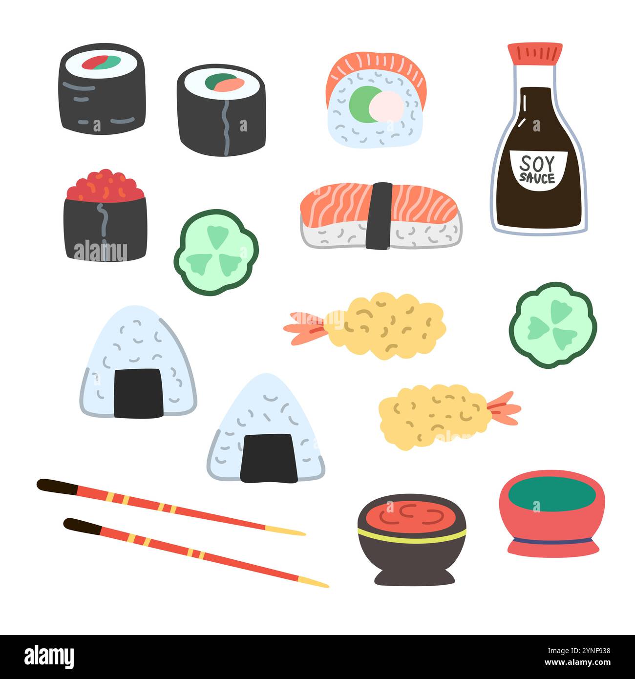 Asian food, sushi, onigiri, tempura and sauces. Hand-drawn colorful ...