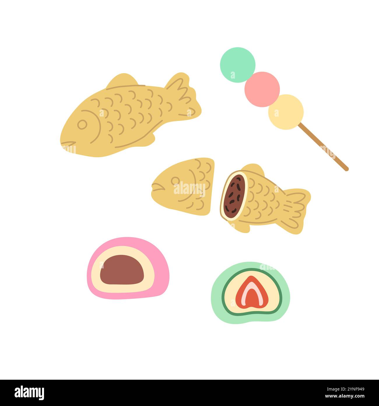 Traditional japanese desserts, dango, taiyaki, and mochi. Vector ...