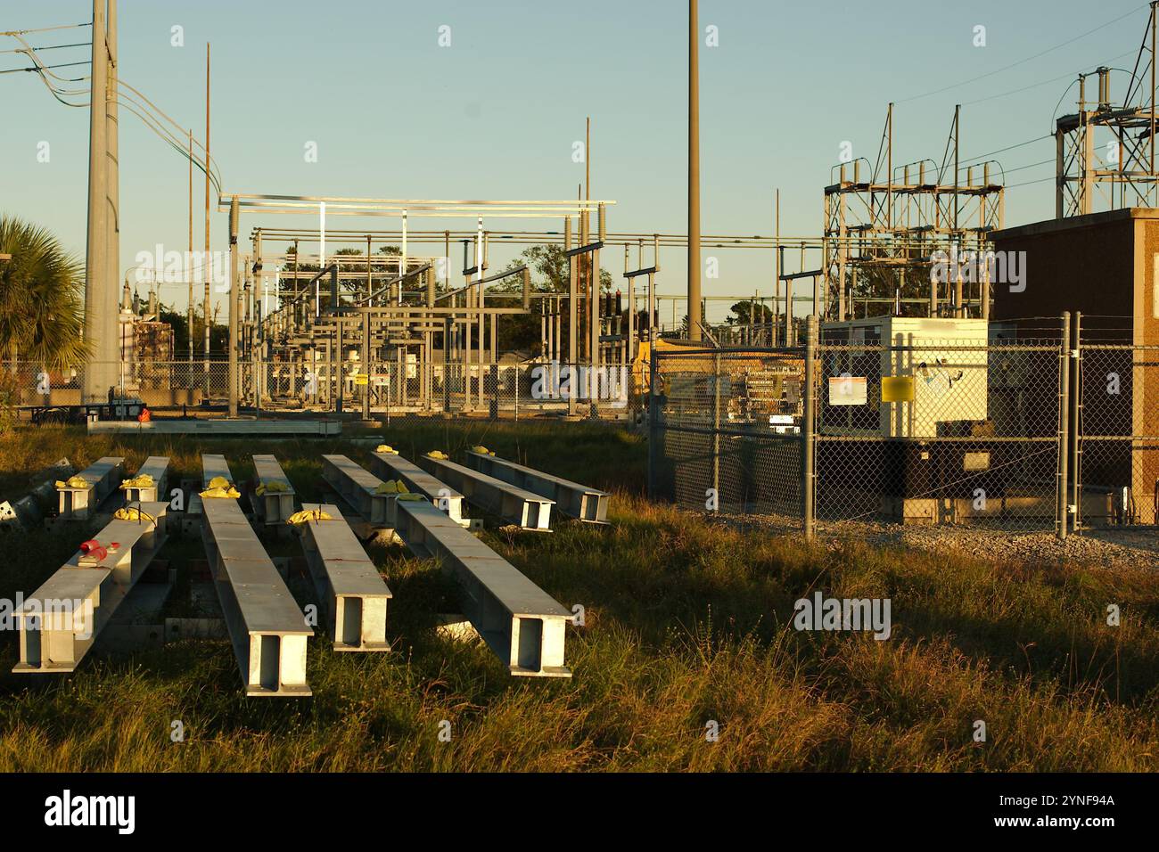 Wide view of the Electric substation under construction. Dirt piles ...