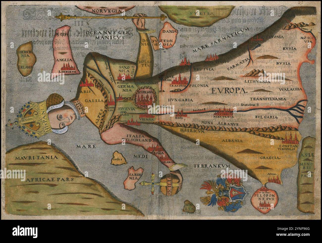 Ca. 1581 anthropomorphic map of Europe by Heinrich Bünting Stock Photo ...